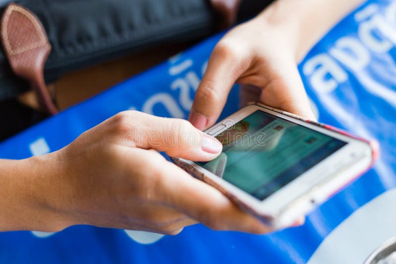 Girl Finger Touching Screen on Mobile Phone Stock Image - Image of ...