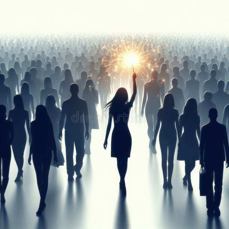 A Girl with Fire Standing Out among a Crowd of People. Stock Photo ...