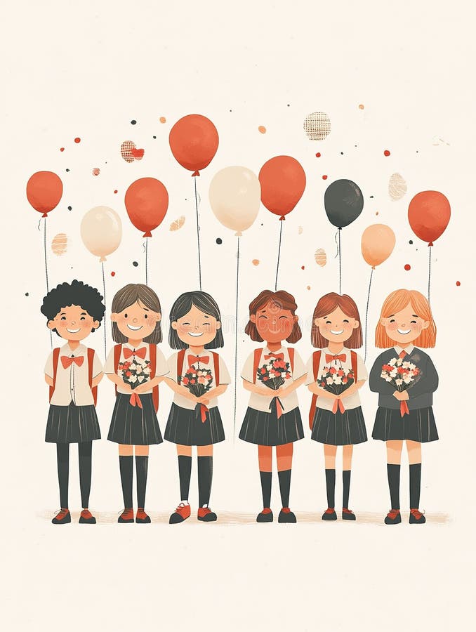 Girl First Day of School Year. Girl with Bouquet of Flowers. September ...