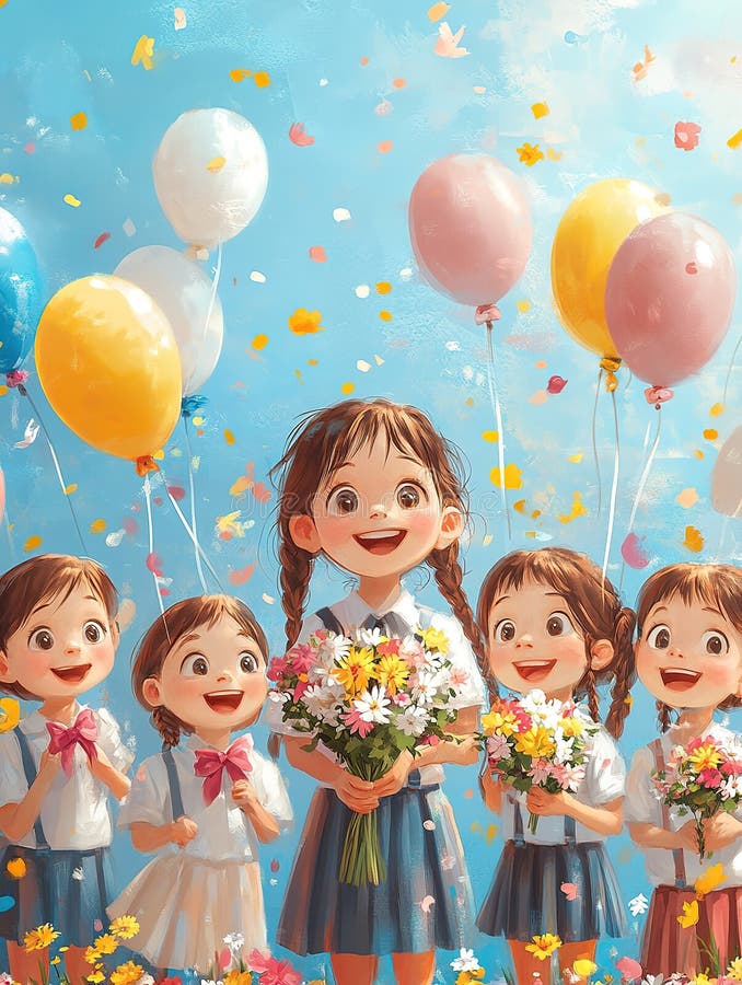 Girl First Day of School Year. Girl with Bouquet of Flowers. September ...