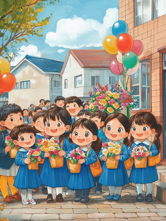 Girl First Day of School Year. Girl with Bouquet of Flowers. September ...