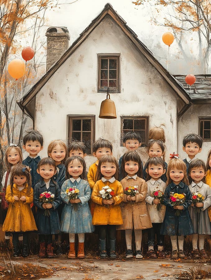 Girl First Day of School Year. Girl with Bouquet of Flowers. September ...