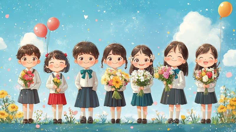 Girl First Day of School Year. Girl with Bouquet of Flowers. September ...
