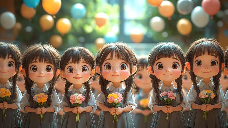 Girl First Day of School Year. Girl with Bouquet of Flowers. September ...