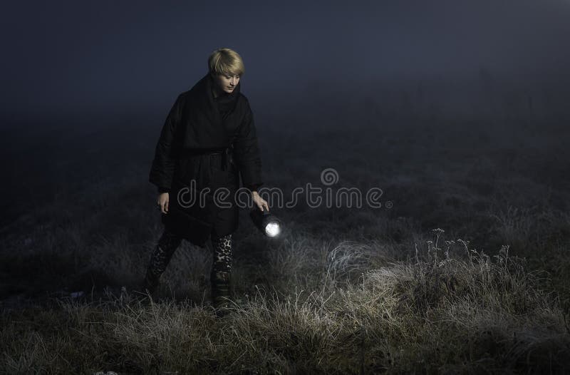 Girl with a Flashlight in the Field Stock Image - Image of field ...