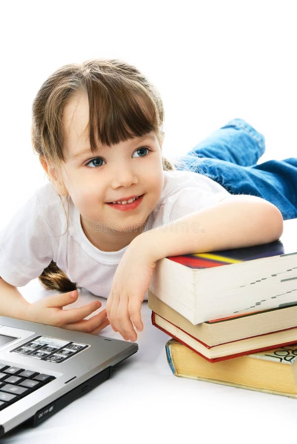 Girl on the Floor with Books and a Laptop Stock Photo - Image of ...