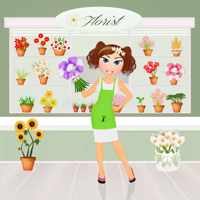 A Girl Florist Takes Care of Indoor Plants Stock Illustration ...