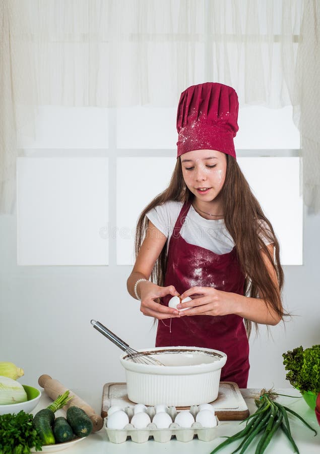 Girl with Flour and Eggs Cooking in Kitchen, Health Stock Photo - Image ...