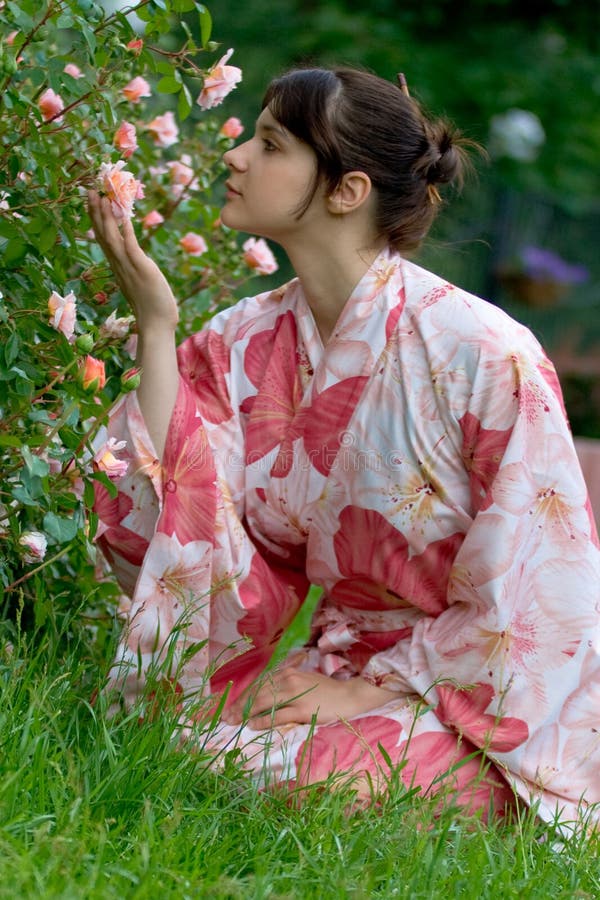 Girl in a flower yukata stock image. Image of garden, young - 6249697