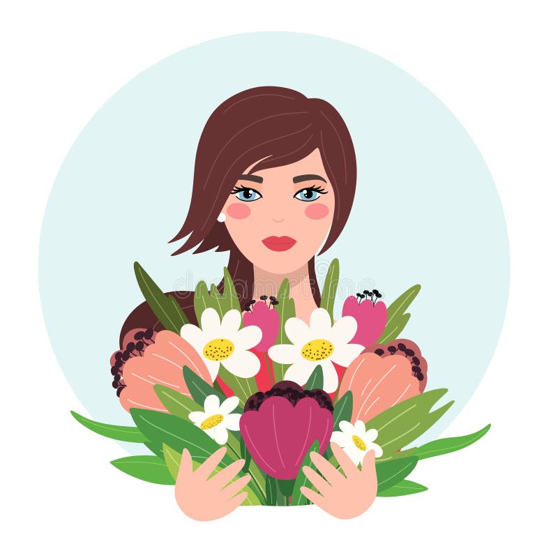 Girl with Flowers, Spring Female Avatar Illustration. Stock Vector ...