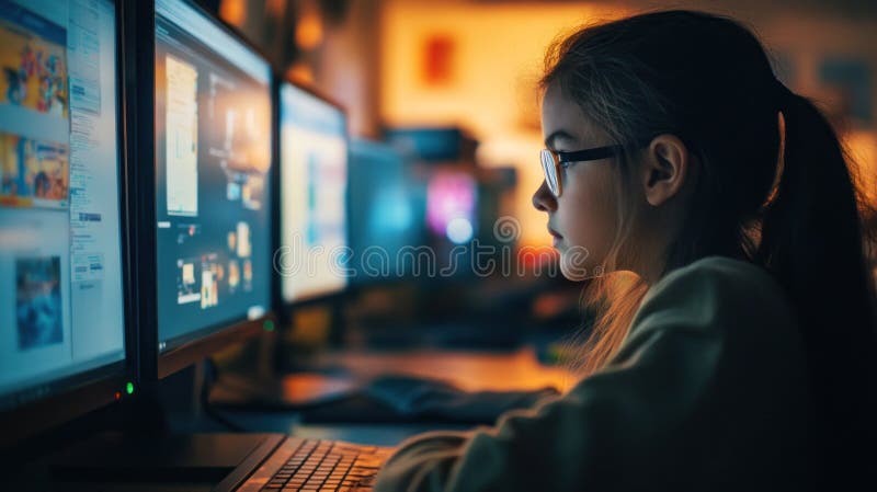 Girl Focusing on Computer Screens Stock Illustration - Illustration of ...