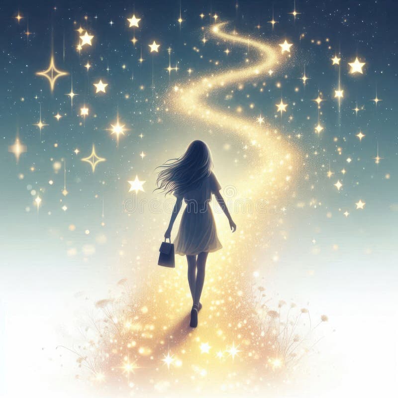 The Girl Follows a Sparkling Path of Stars, Night Magic and Dreams ...