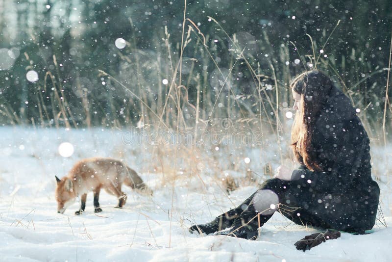 Girl with Fox in Winter Forest Stock Photo - Image of nature, clothing ...