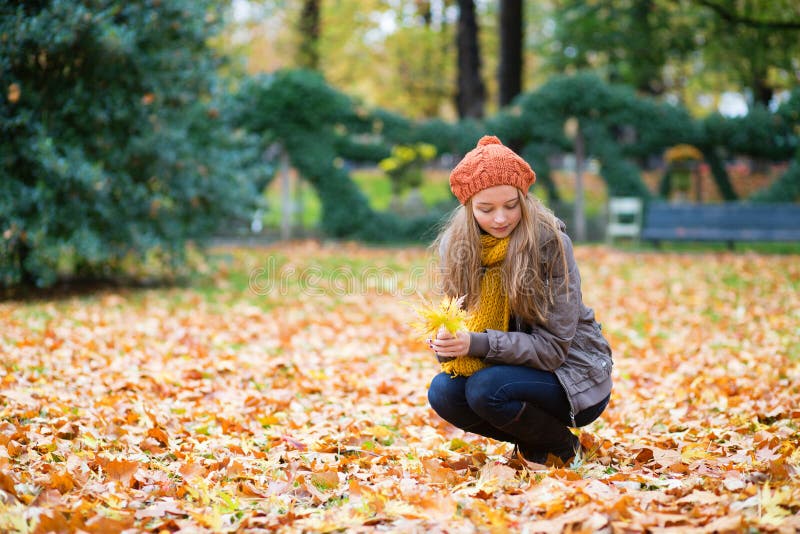 Girl Gathering Leaves in a Park Stock Photo - Image of human, lifestyle ...