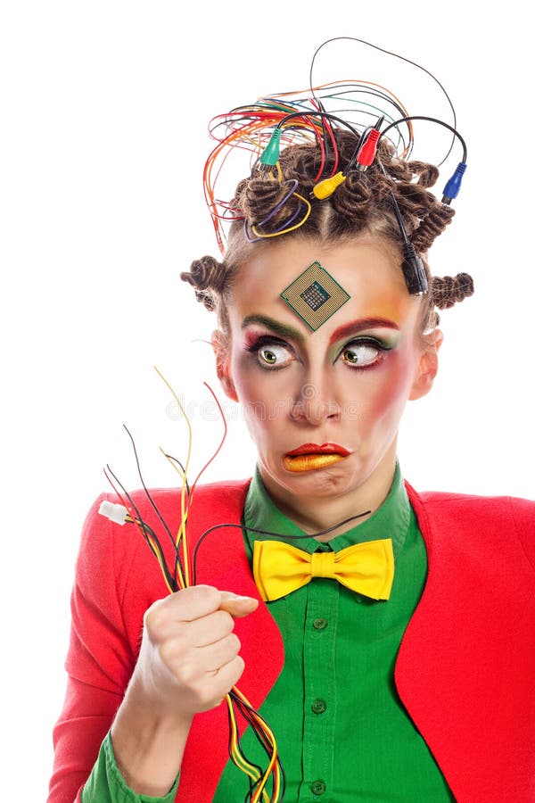 Girl Geek. Computer Technician. Wires. Stock Photo - Image of pointer ...