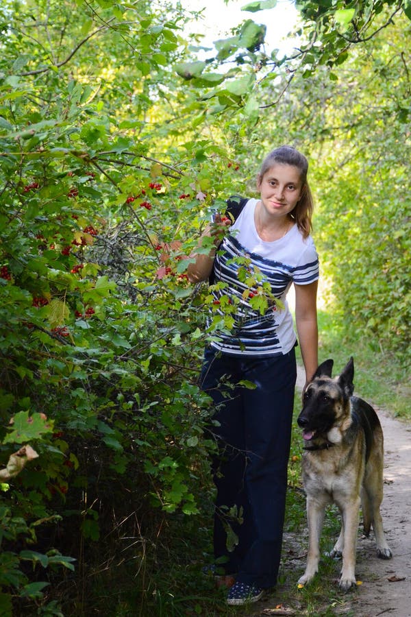 Girl with Her Dog German Shepherd in the Yard of the House Stock Image ...