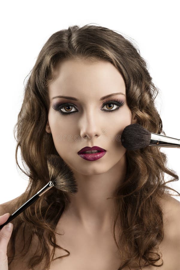 Girl Getting Made-up with Brushes on the Face Stock Image - Image of ...