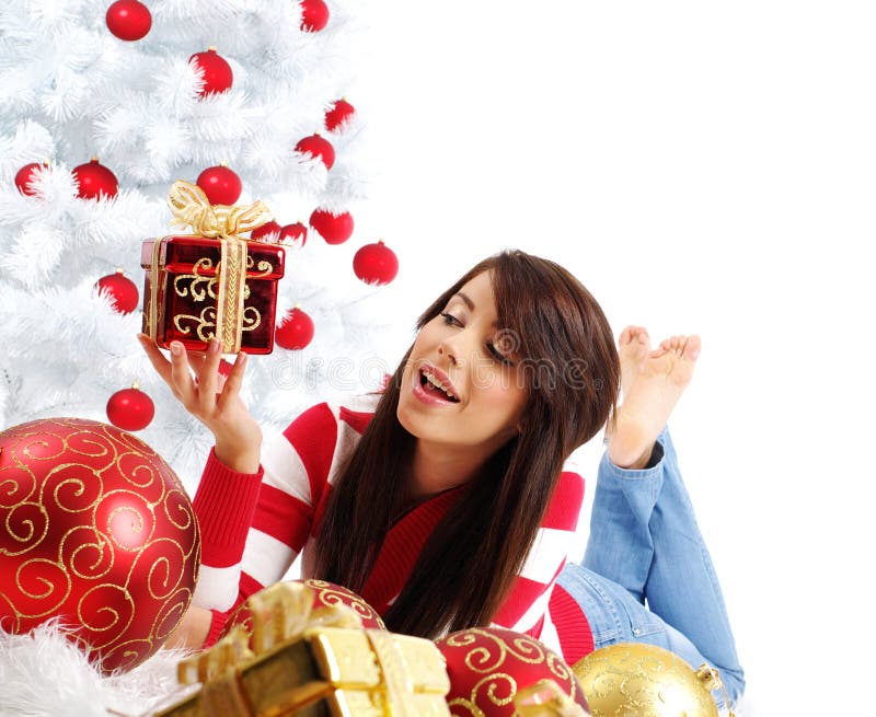 Girl with Gift Box Next To White Christmas Tree Stock Image - Image of ...