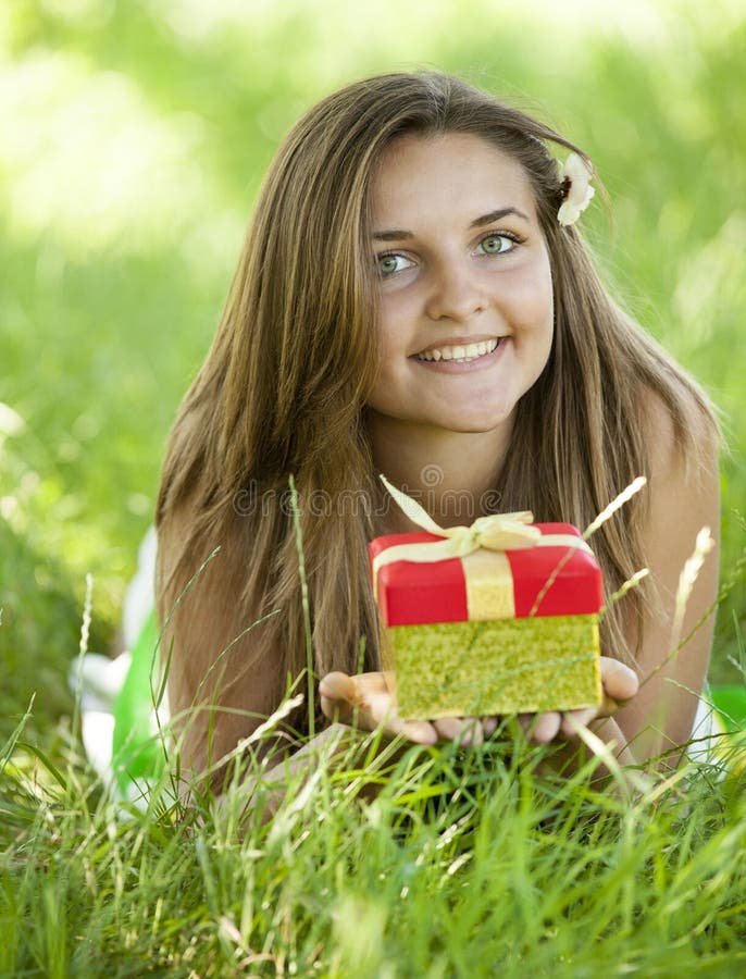 Beautiful Teen Girl in the Park at Green Grass. Stock Image - Image of ...