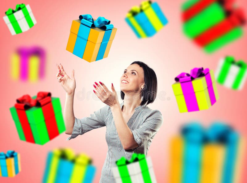 Girl with Gifts, Attractive Young Woman Holds Bouquet of Flowers Yellow ...