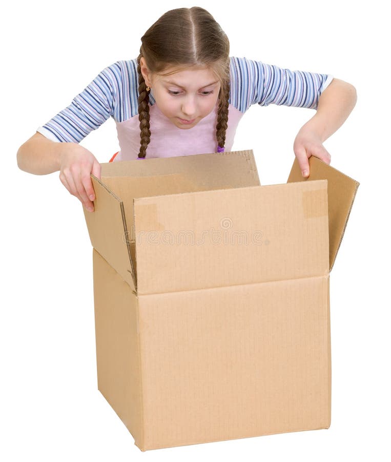 Girl Glance at Cardboard Box Stock Photo - Image of surprise, glance ...