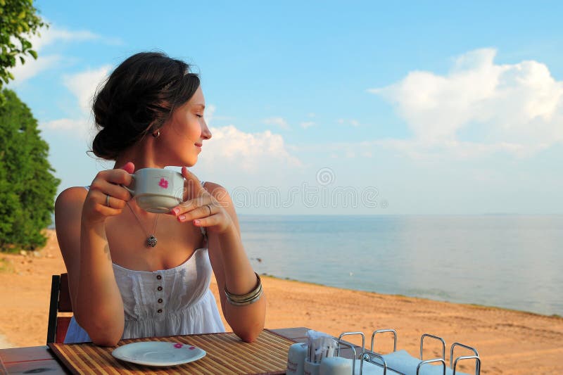 Girl with a Glass of Tea on the Beach Stock Image - Image of elegant ...