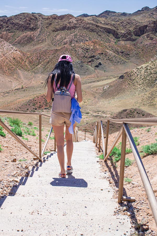 Girl Going Down in Desert Mountains Along Organized Stairs Stock Image - Image of forest, misty ...