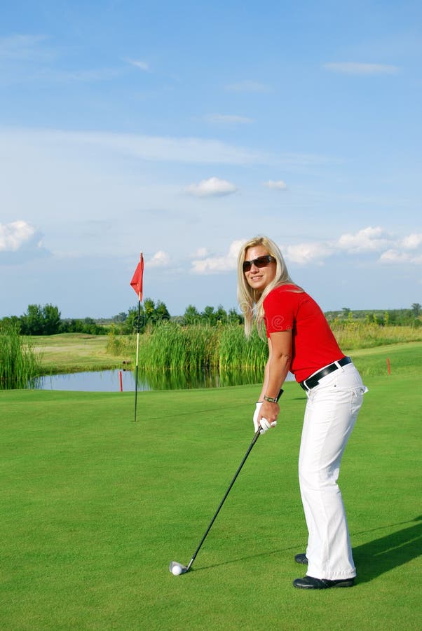 Girl Golf Player on Golf Course. Stock Image - Image of iron, luxurious ...