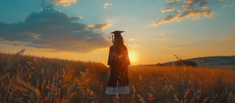Girl with Graduation Cap Looking Back at Sunset Stock Image - Image of ...