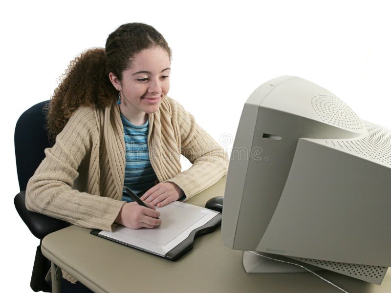 Girl & Graphics Tablet stock image. Image of homework - 455415