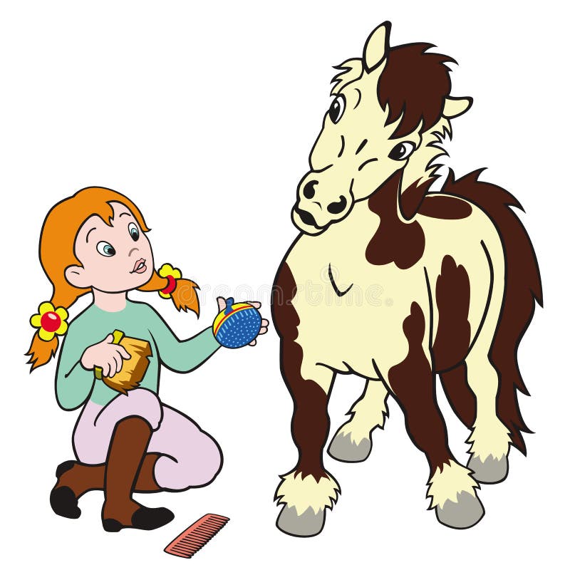 Girl grooming pony stock vector. Illustration of cartoon - 27371975