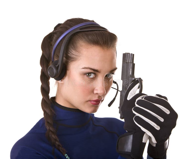 Girl with Gun Support Customer. Stock Image - Image of attractive, help ...