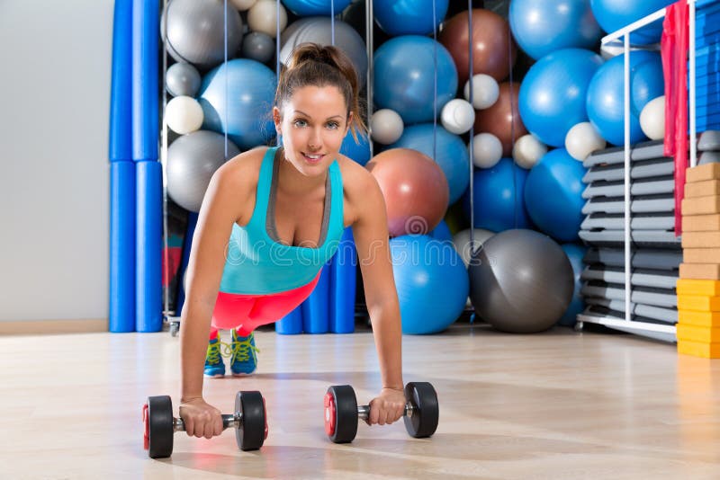 Girl at Gym Push-up Pushup Exercise Dumbbells Stock Image - Image of ...
