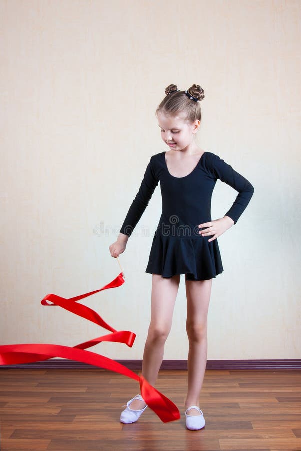 Girl Gymnast with Red Ribbon Stock Image - Image of beautiful, dance ...