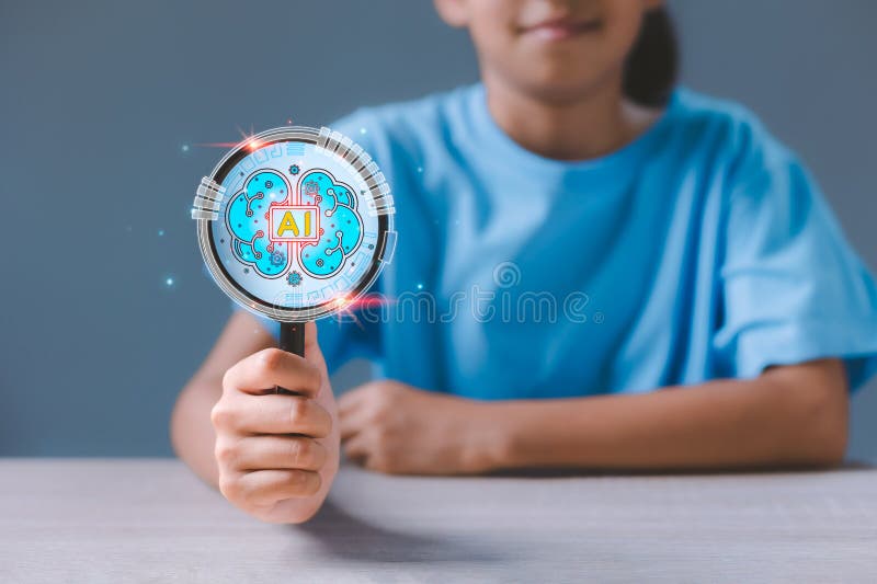 Girl Hand Holding Magnifying Glass with Virtual Artificial Intelligence ...