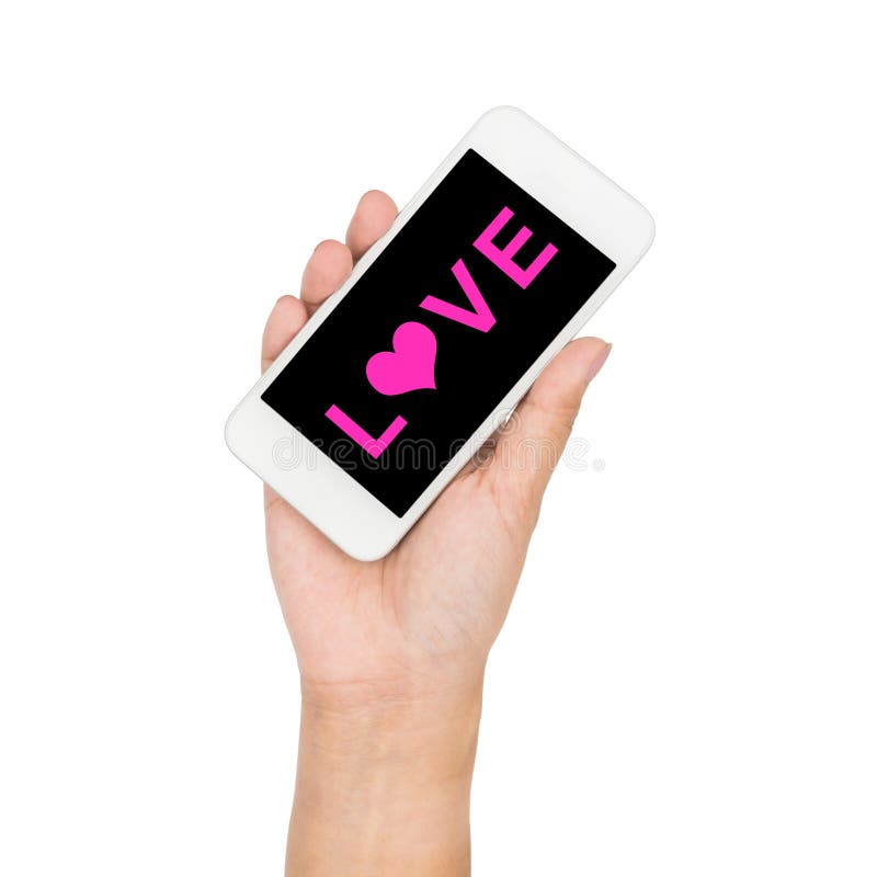 Girl Hand Holding Mobile Phone Display Love Text on Screen Stock Photo ...