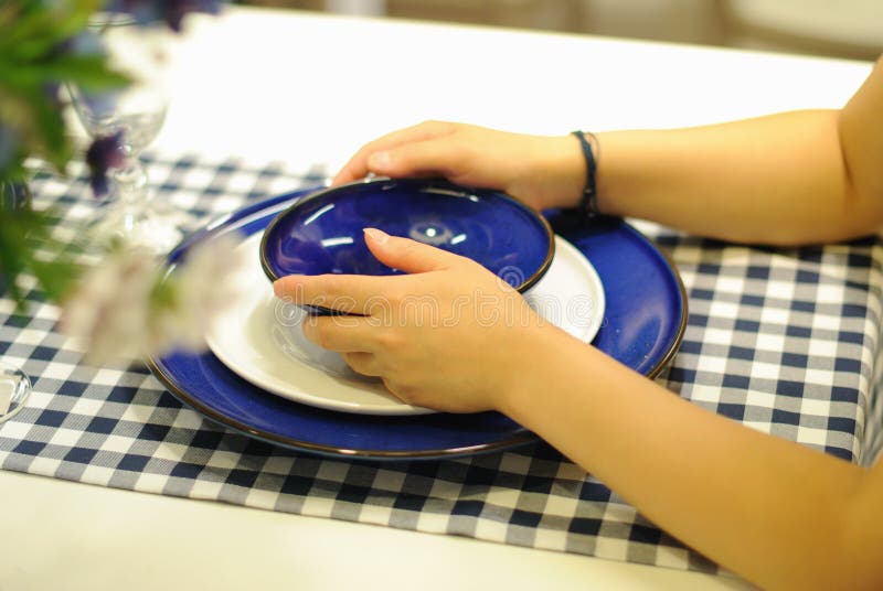 Girl Hand Holding Plates on Table Stock Image - Image of meal, girl ...