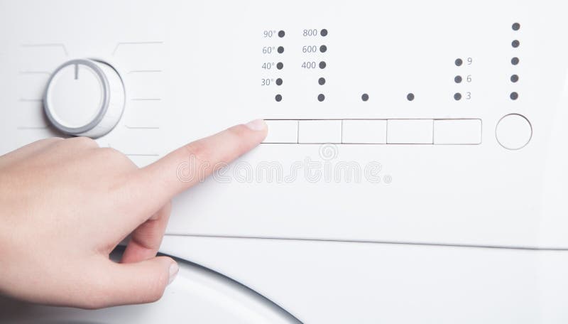 Girl Hand Pressing Button on Washing Machine Stock Image - Image of ...