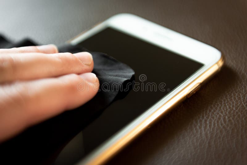 Girl Hand Wipes a Cloth Phone Screen Stock Photo - Image of black ...