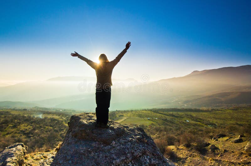 Girl with Hands Up in the Mountains Against Sun Stock Image - Image of ...