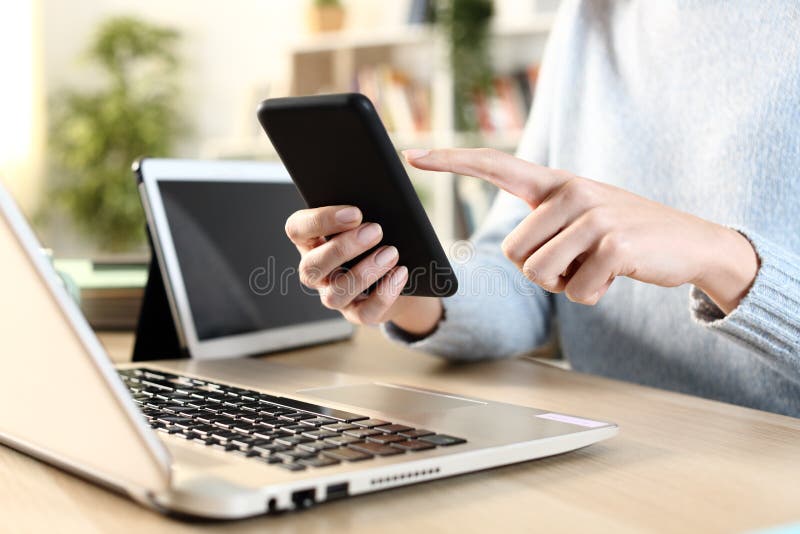Girl Hands Using Multiple Devices on a Desk Stock Image - Image of ...