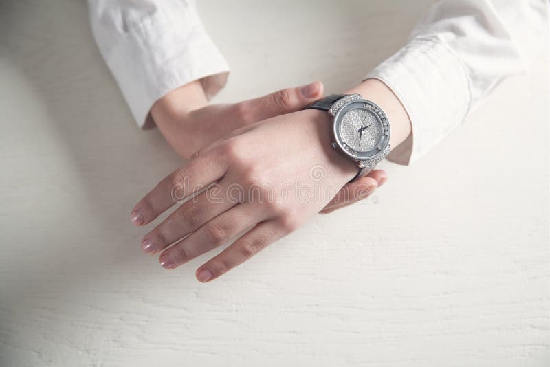 Girl Hands with Wrist Watch on White Desk Stock Photo - Image of luxury ...