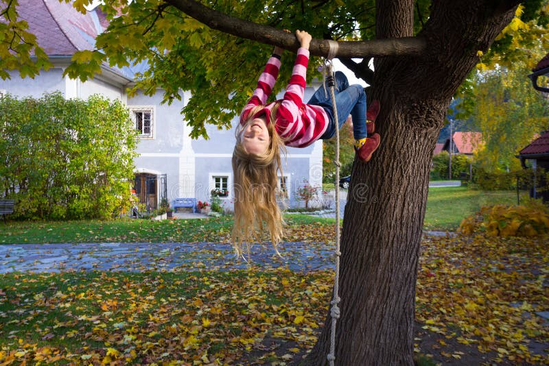 Girl hanging on a tree stock image. Image of happiness - 185485169