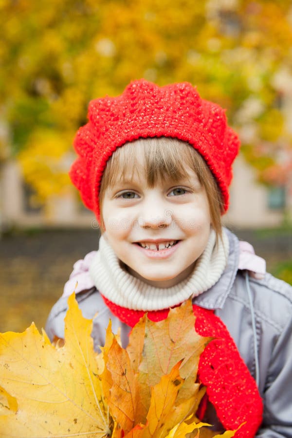 Girl in Hat with Autumn Leaves Stock Image - Image of children, outside ...