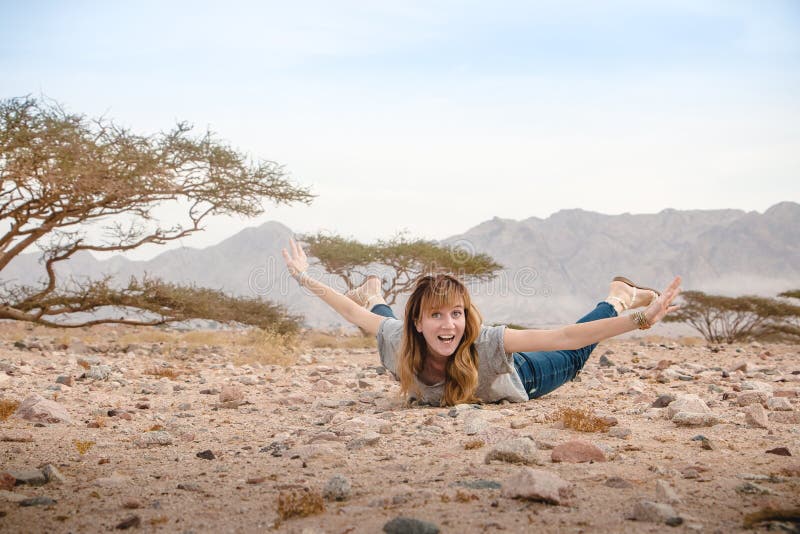 Girl Have Fun in Desert in a Day Stock Photo - Image of caucasian ...