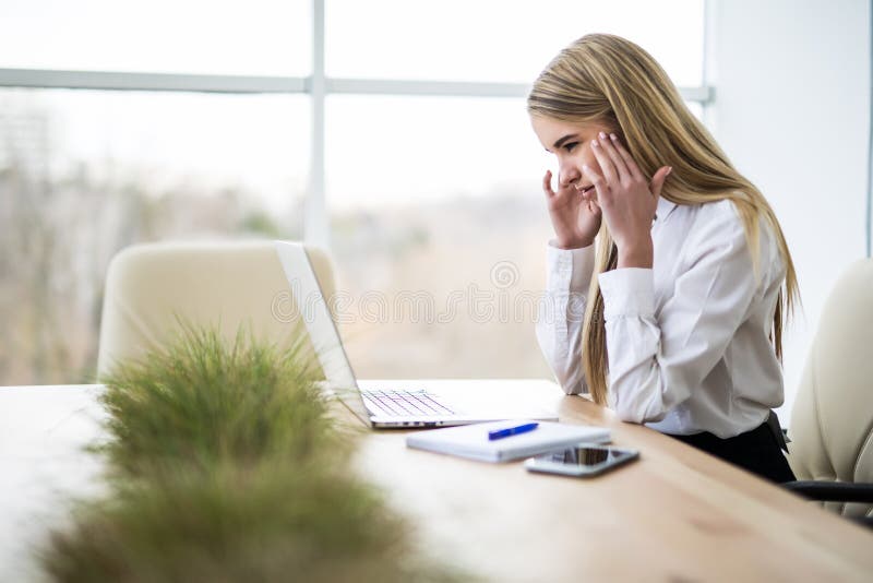 Girl Have Head Pain at Work Stock Image - Image of communications ...