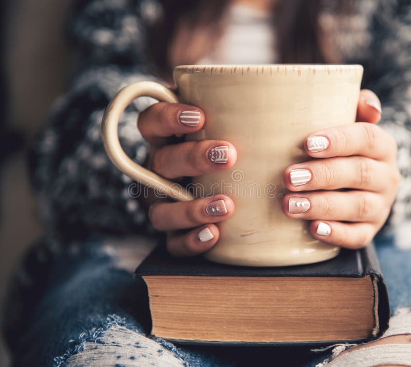 Girl Having a Break with Cup of Fresh Coffee after Reading Books or ...