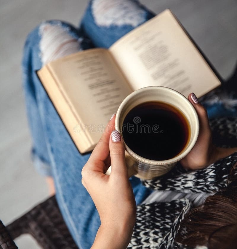 Girl Having a Break with Cup of Fresh Coffee after Reading Books or ...
