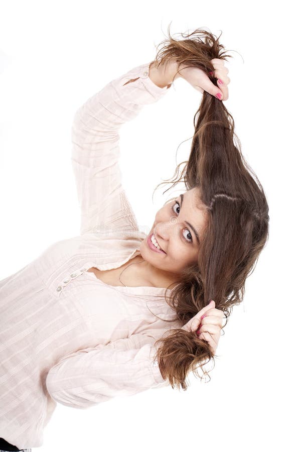 Girl Having Fun and Pulling Her Long Hair Stock Image - Image of person ...