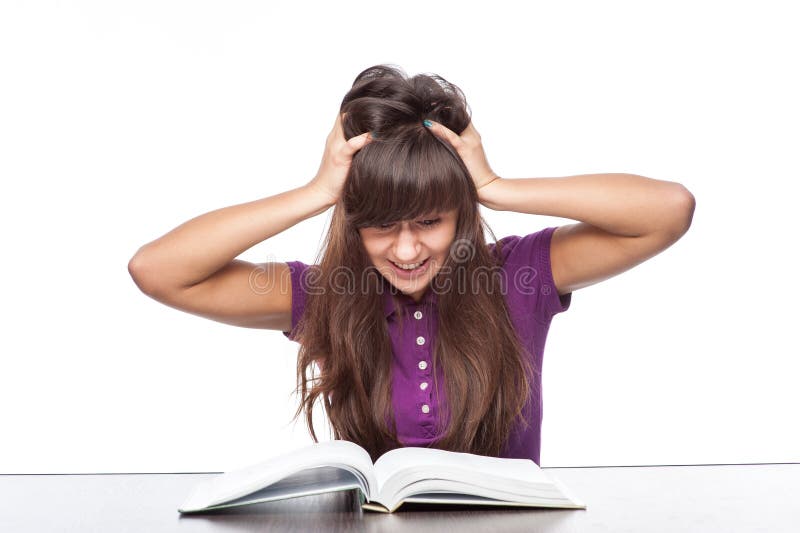 Girl Having Stress from Reading Stock Photo - Image of blouse, isolated ...